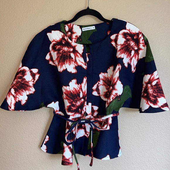 marina kaneva | Tops | Marina Kaneva Size Navy Floral Pique Peplum Tie ...